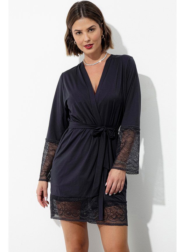 Robe Curto de Microfibra e Renda Preto com Dourado